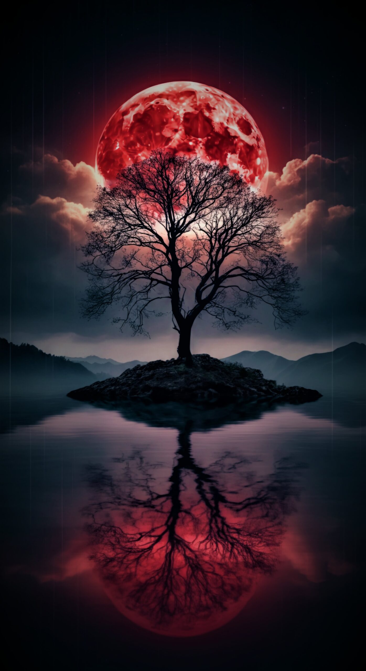 Red Moon Tree Reflection Mobile Wallpaper